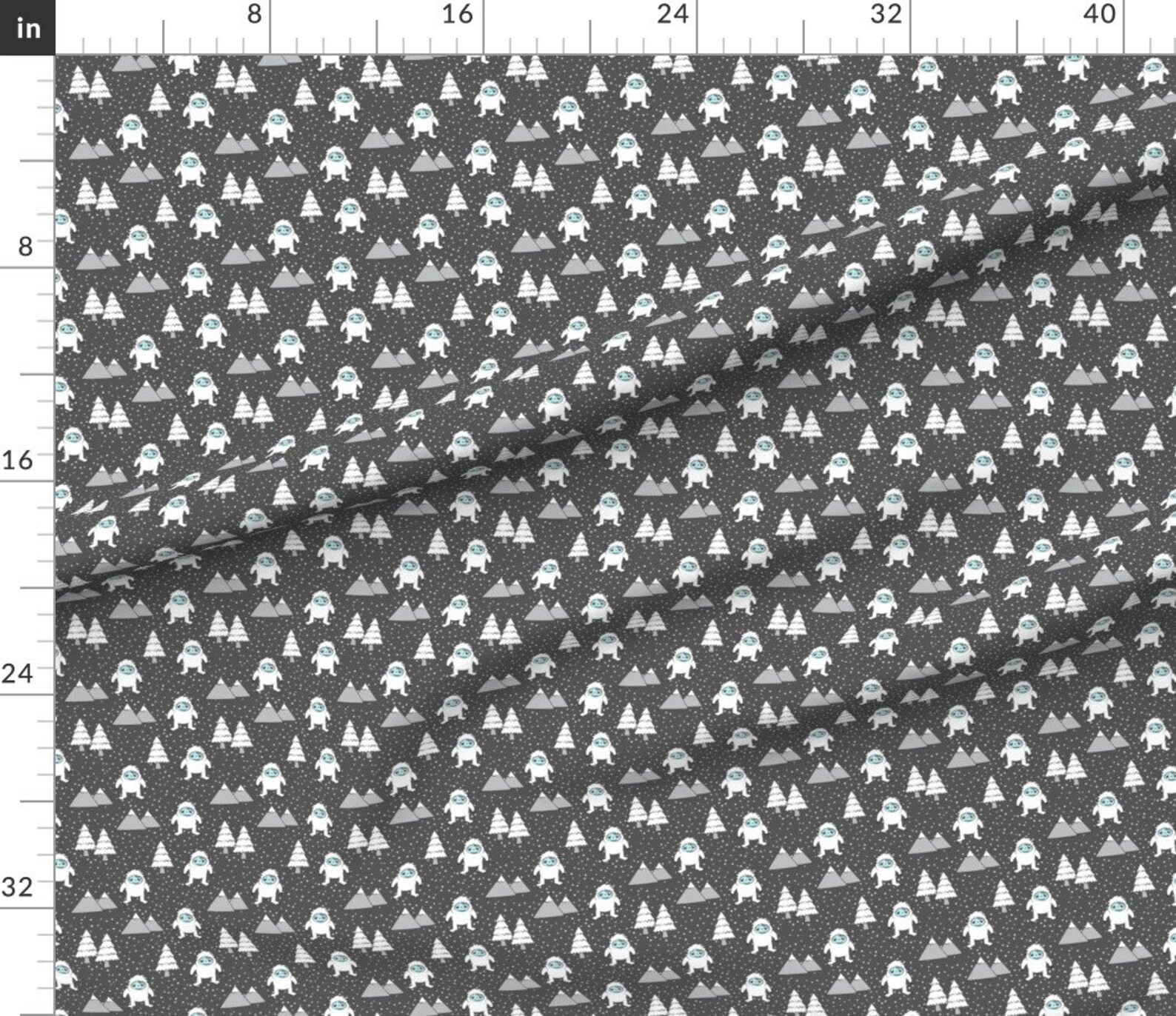 Yeti Snowman Fabric Yetti Trees Mountains Grey With Snow | Etsy