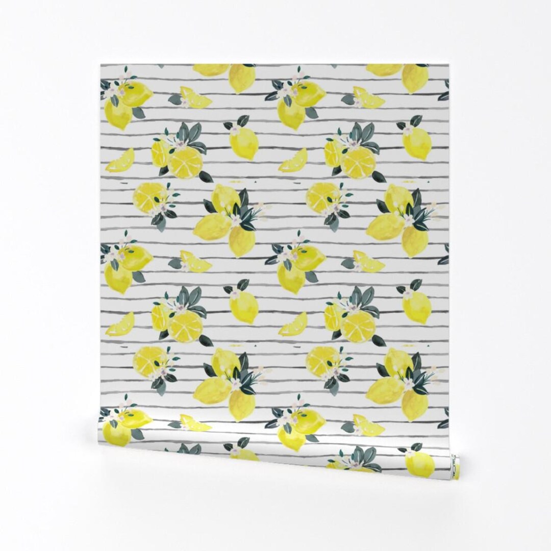 Lemons Wallpaper - Citrus + Flowers Lemon Stripe by Crystal Walen ...