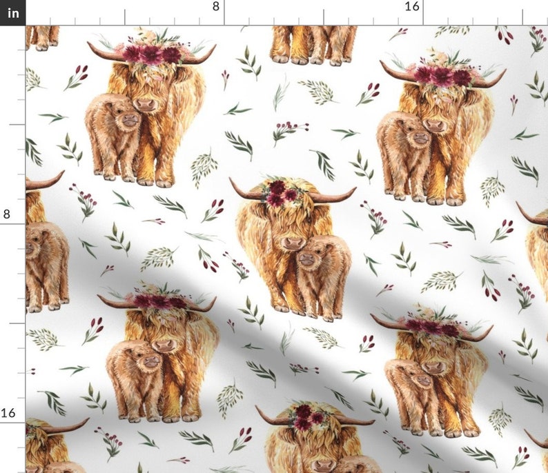Highland Cow Brown Floral Fabric Highland Cows With Leaves - Etsy