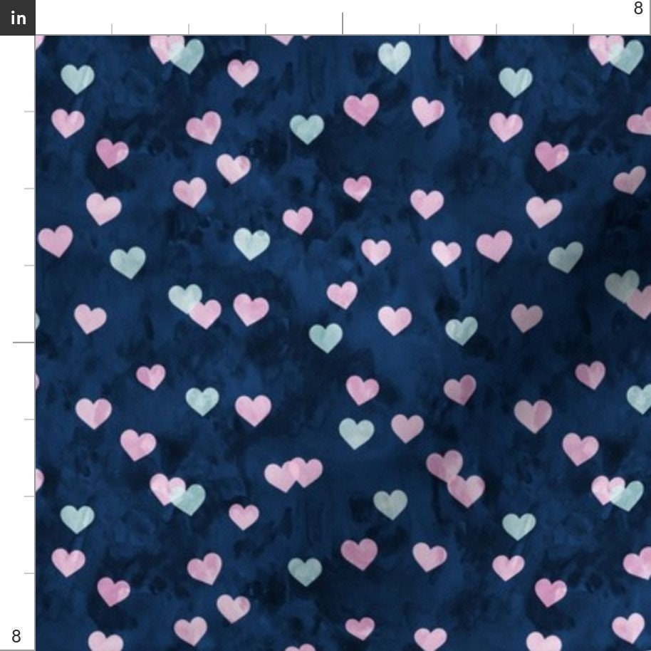 Hearts Fabric Watercolor Hearts Valentines Pink Blue on Navy | Etsy