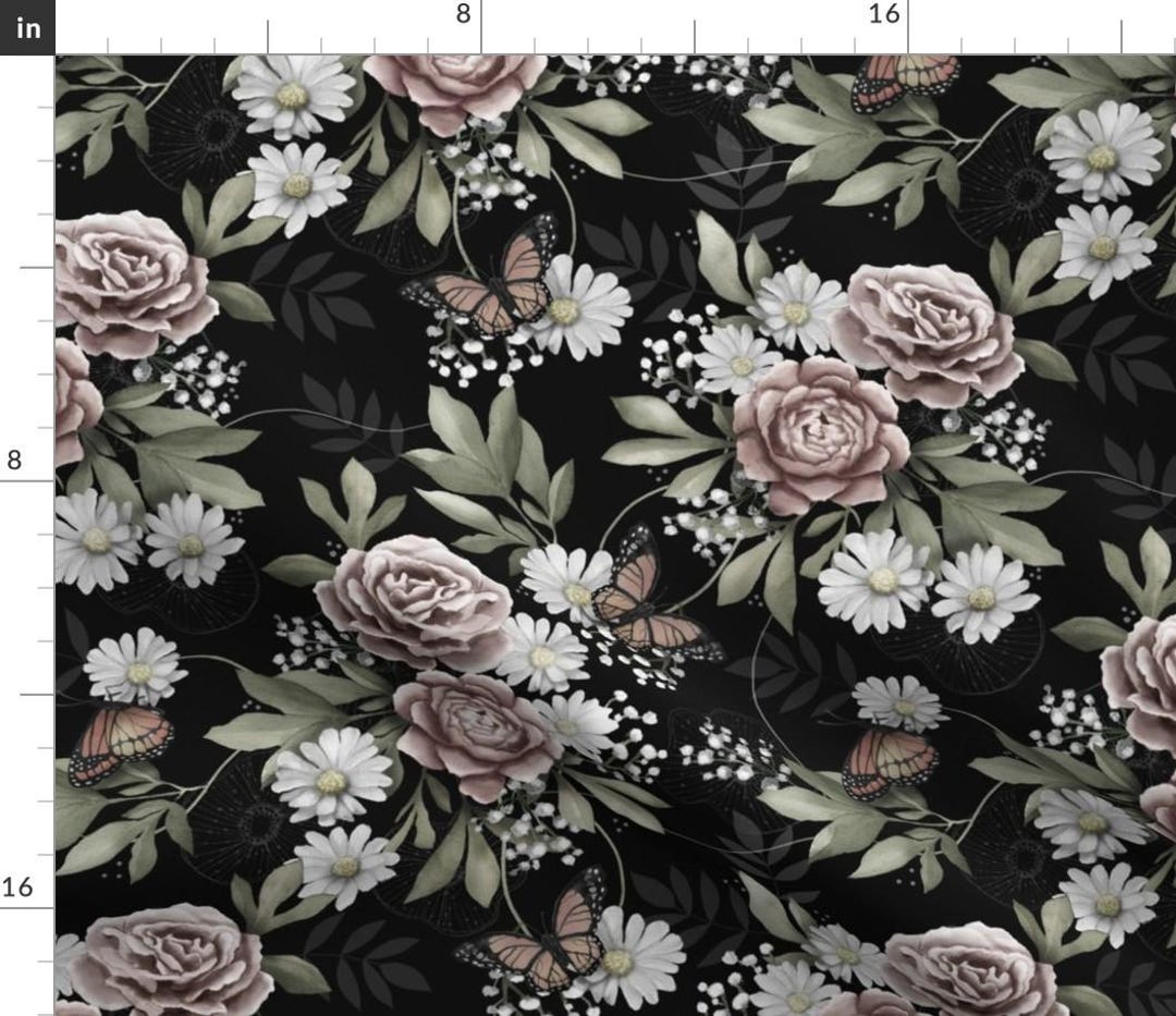 Muted Gray Floral Pattern Fabric Moody Florals by Whimsical Brush ...