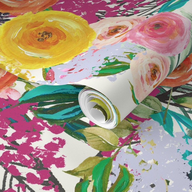 Big Floral Wallpaper Autumn Blooms Giant // Bright by - Etsy