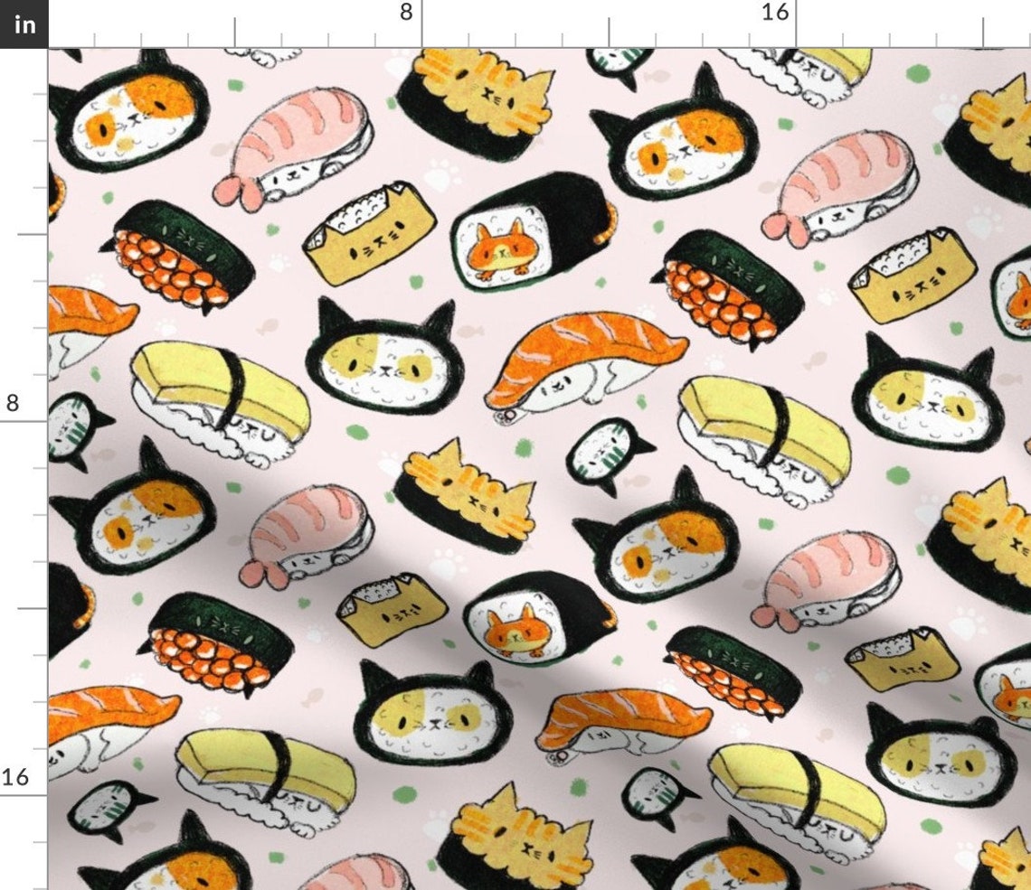 Kawaii Sushi Cats Fabric Kawaii Kitty Sushi By Dramacatz Etsy