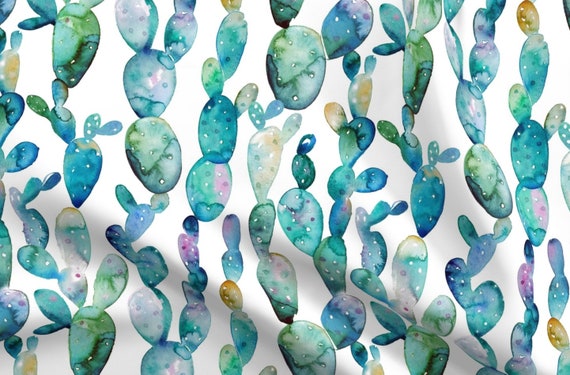 Watercolor Cactus Fabric Watercolor Cactus White By Tasiania | Etsy