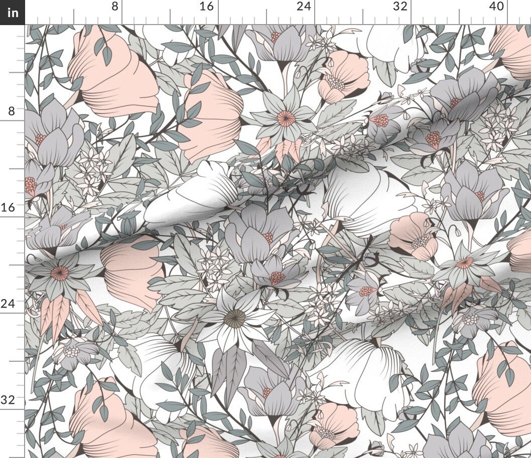 Blush and Gray Floral Fabric Botanical Pattern 016 by | Etsy