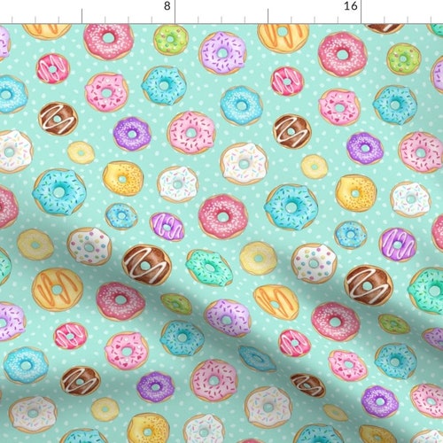 Aqua Donut Fabric Scattered Rainbow Donuts Mint Spotty by - Etsy