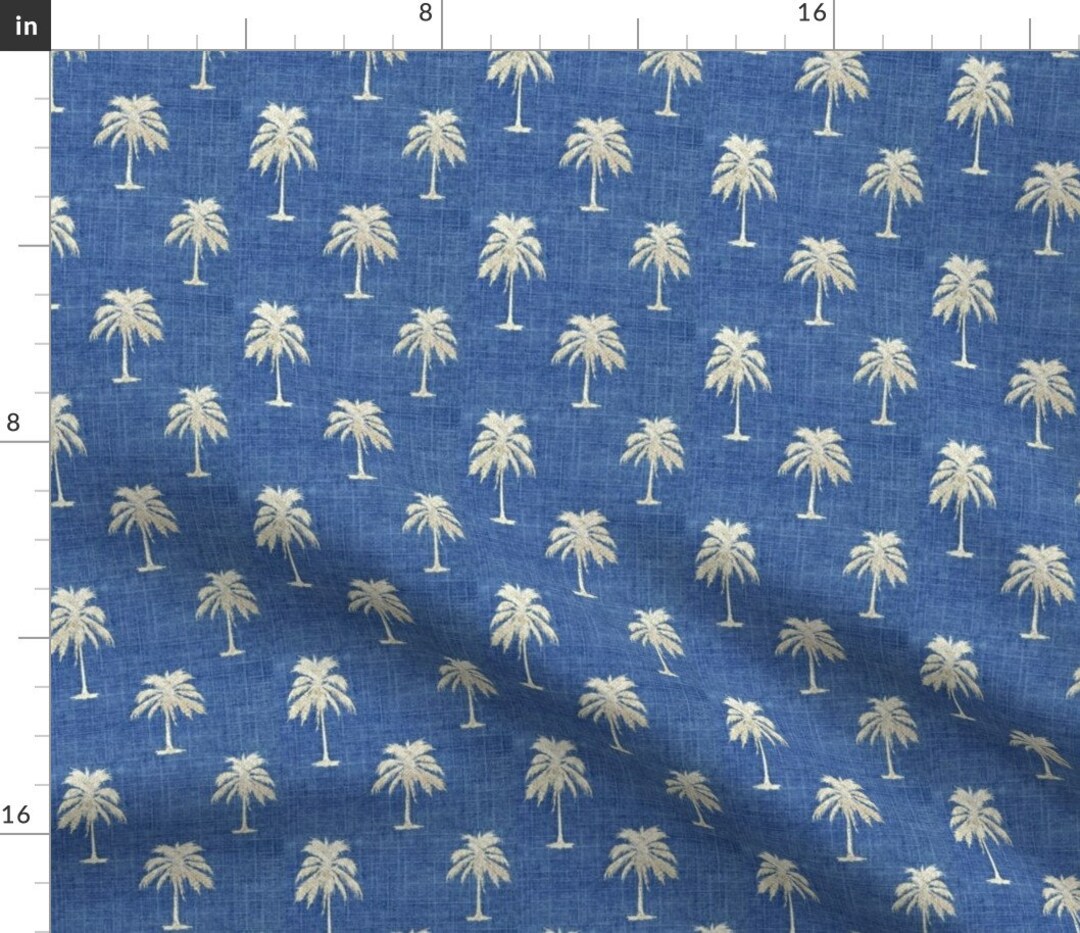 Palm Tree Blue Tropical Fabric Golden Palm on Vintage Denim by ...