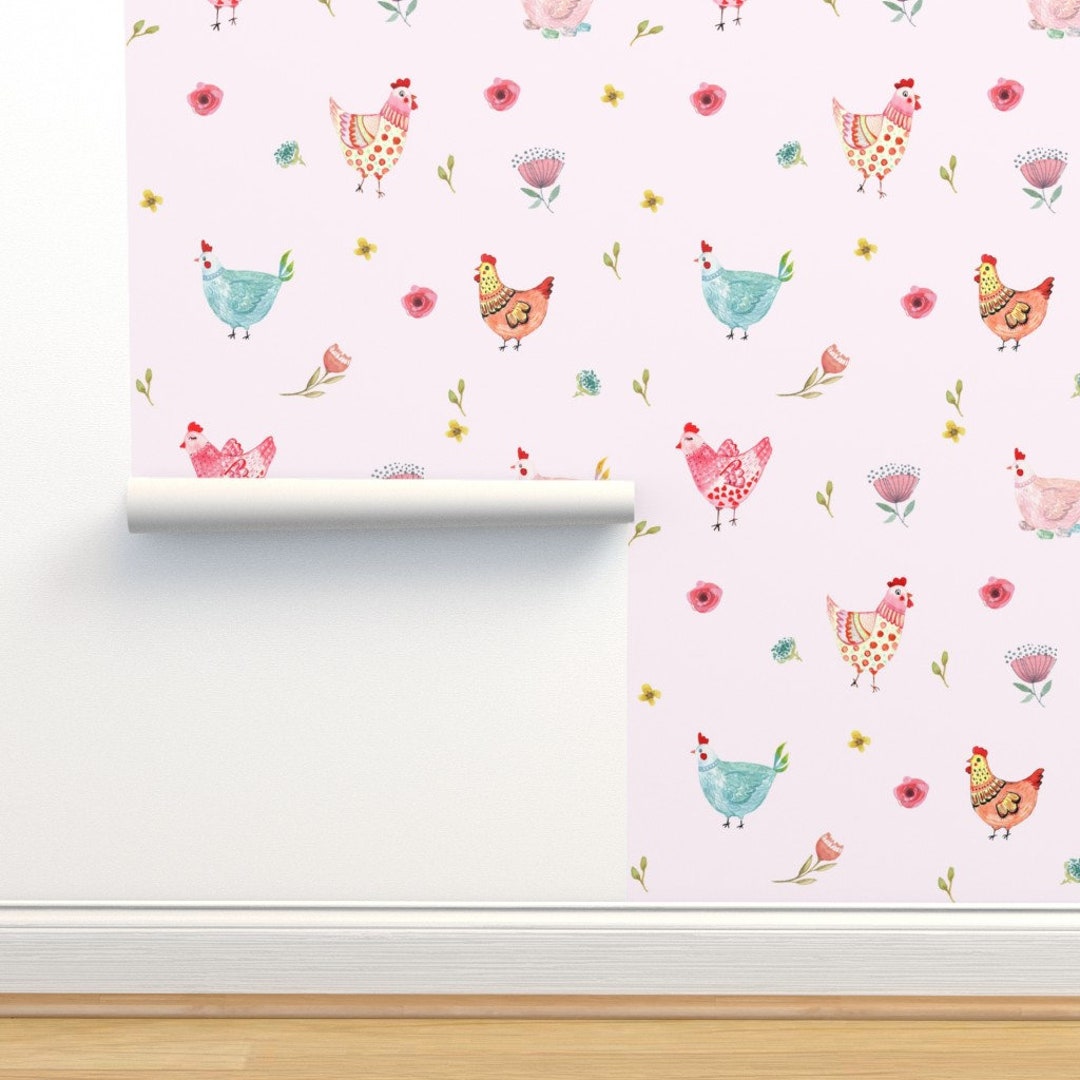 Chicken Wallpaper Polka Girls Pink by Shopcabin Pink - Etsy