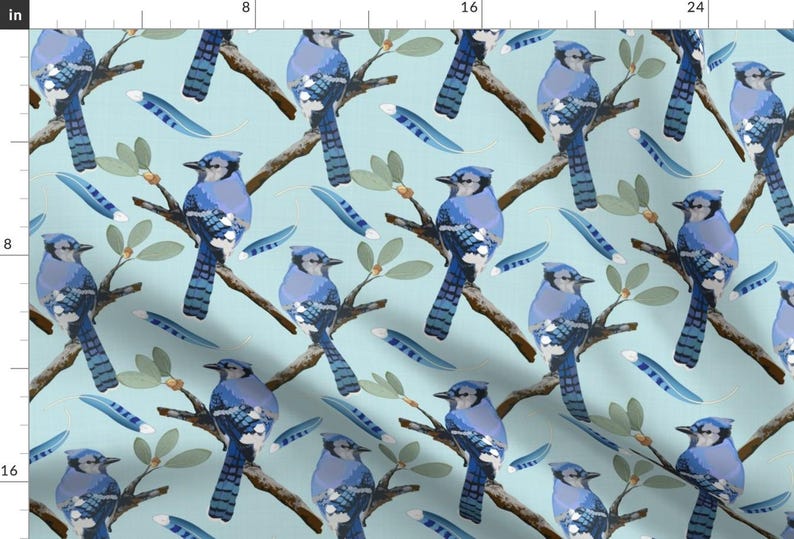 Blue Jay Fabric - Blue Jays on Aqua by Shellypenko- Watercolor Bird ...