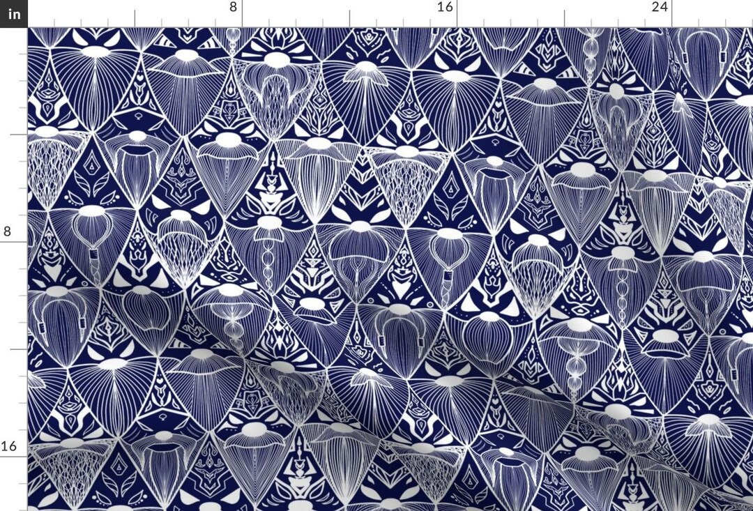 Gnomes Fabric - Warrior Gnomes by Rodhia - Navy White Geometric Gnome ...