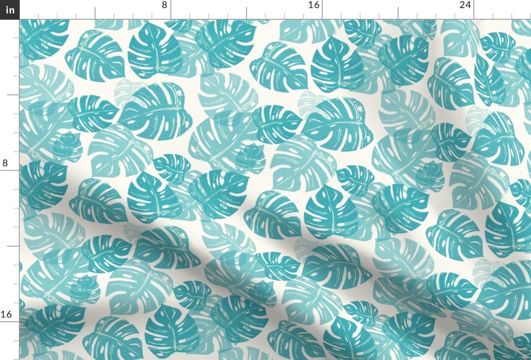 Blue Monstera Fabric - Linocut Monstera Blue by Biancagreen - Modern ...