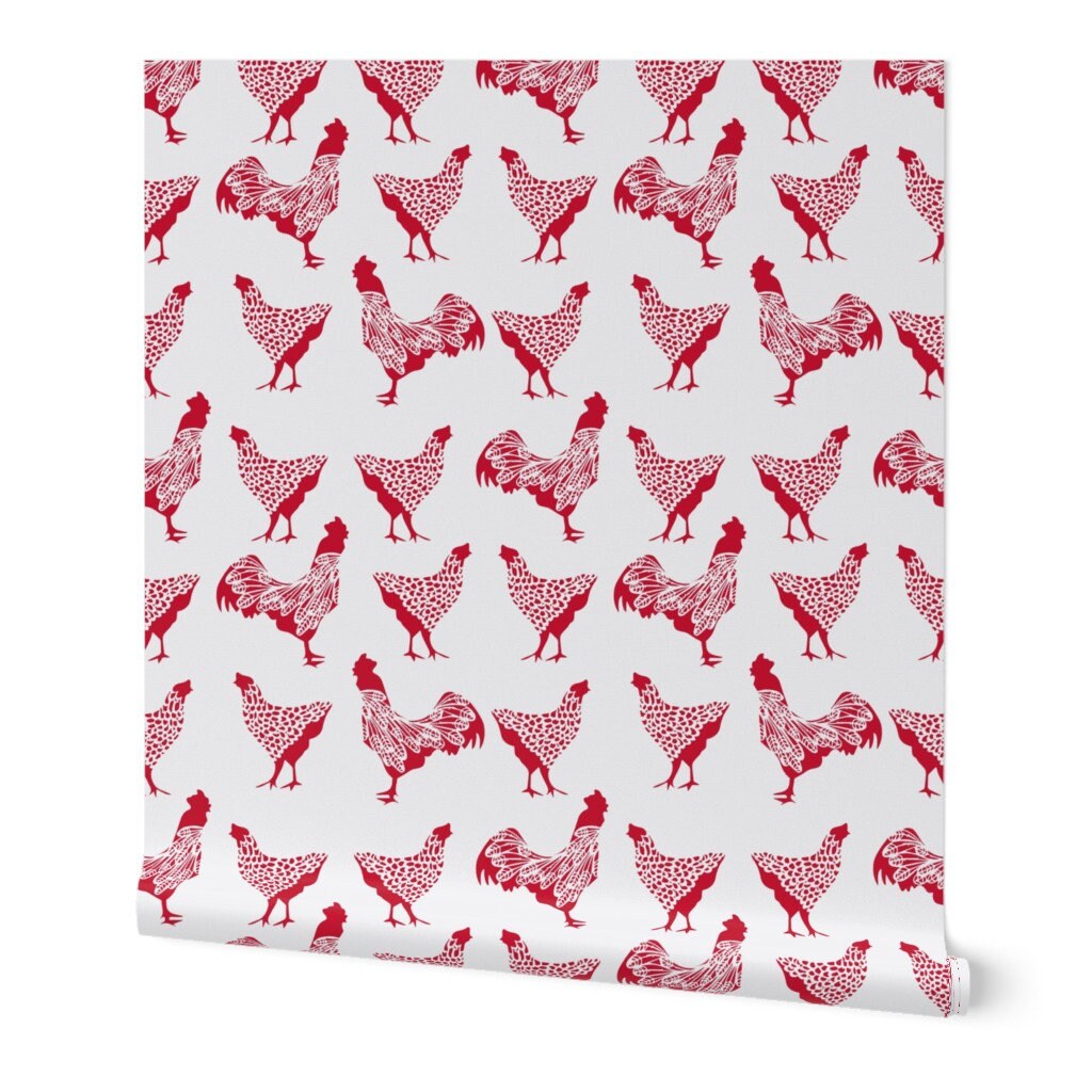 Chicken Wallpaper Chicken Red on White by Thehighfiber - Etsy
