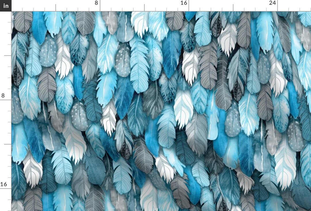 Blue Feathers Fabric - Owl Feathers Blue by Xoxotique - Watercolor Bird ...