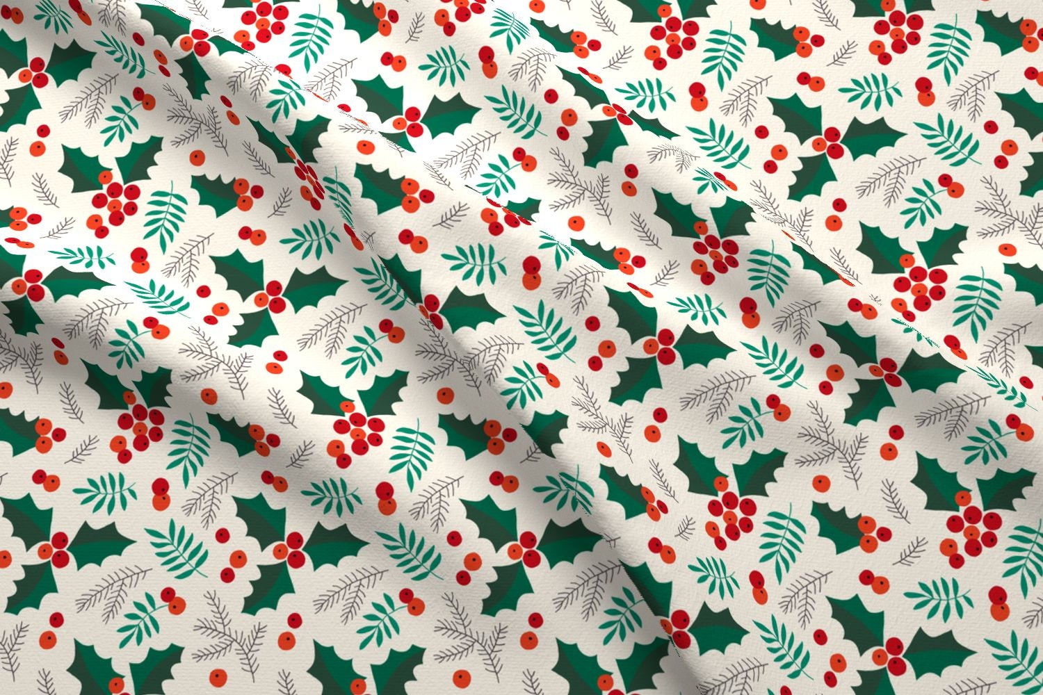 Holly Fabric Christmas Holly And Berries On Creme By Heleen | Etsy
