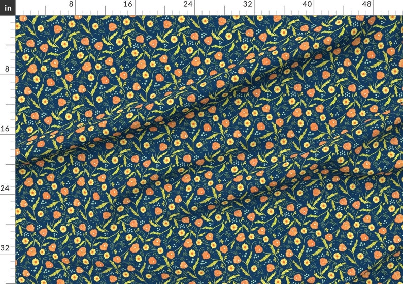 Poppies Fabric Poppies Etc Blue By Caleb Luke Lin | Etsy