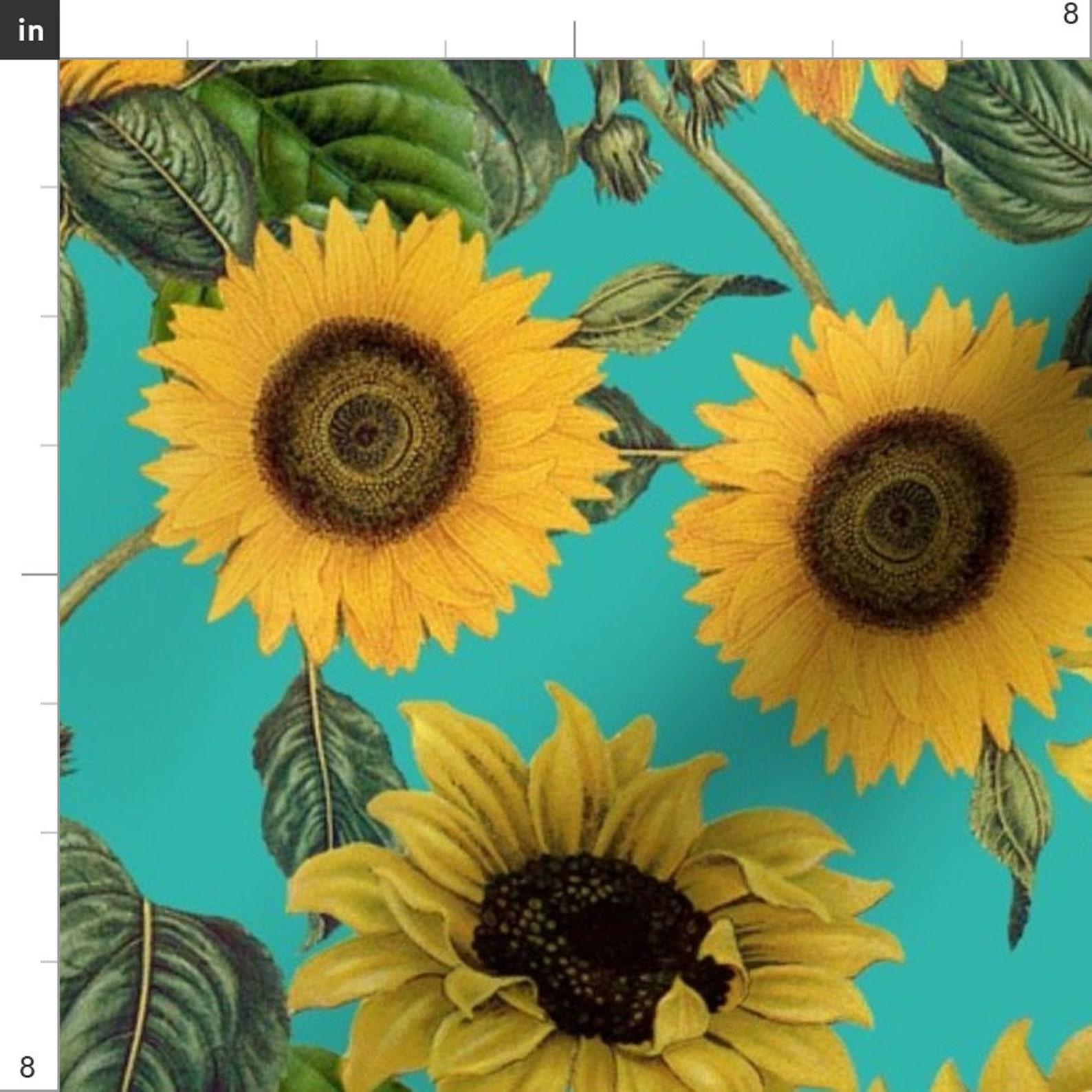 Sunflowers Fabric 18 Vintage Sunflowers on Teal by - Etsy