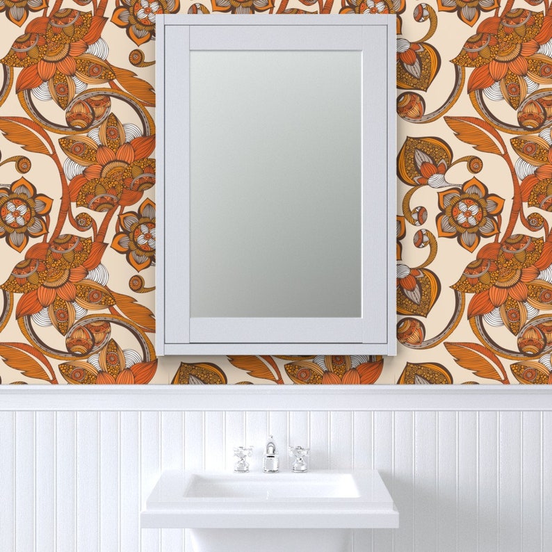 Orange Boho Floral Wallpaper Boho Orange by Valentinaharper - Etsy