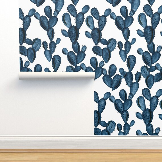 Navy Cactus Wallpaper Navy Paddle Cactus by Ivieclothco - Etsy