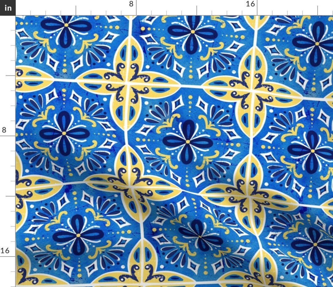Spanish Tile Fabric Sevilla Spanish Tiles Blue Yellow by - Etsy