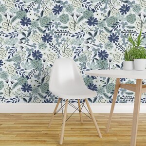 Blue Boho Floral Wallpaper Flower Child Boho by Roochita Sage Green ...