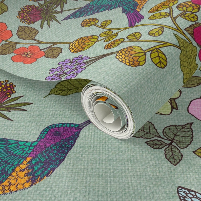 Pollinators Wallpaper Hummingbirds and Bees by Ceciliamok - Etsy