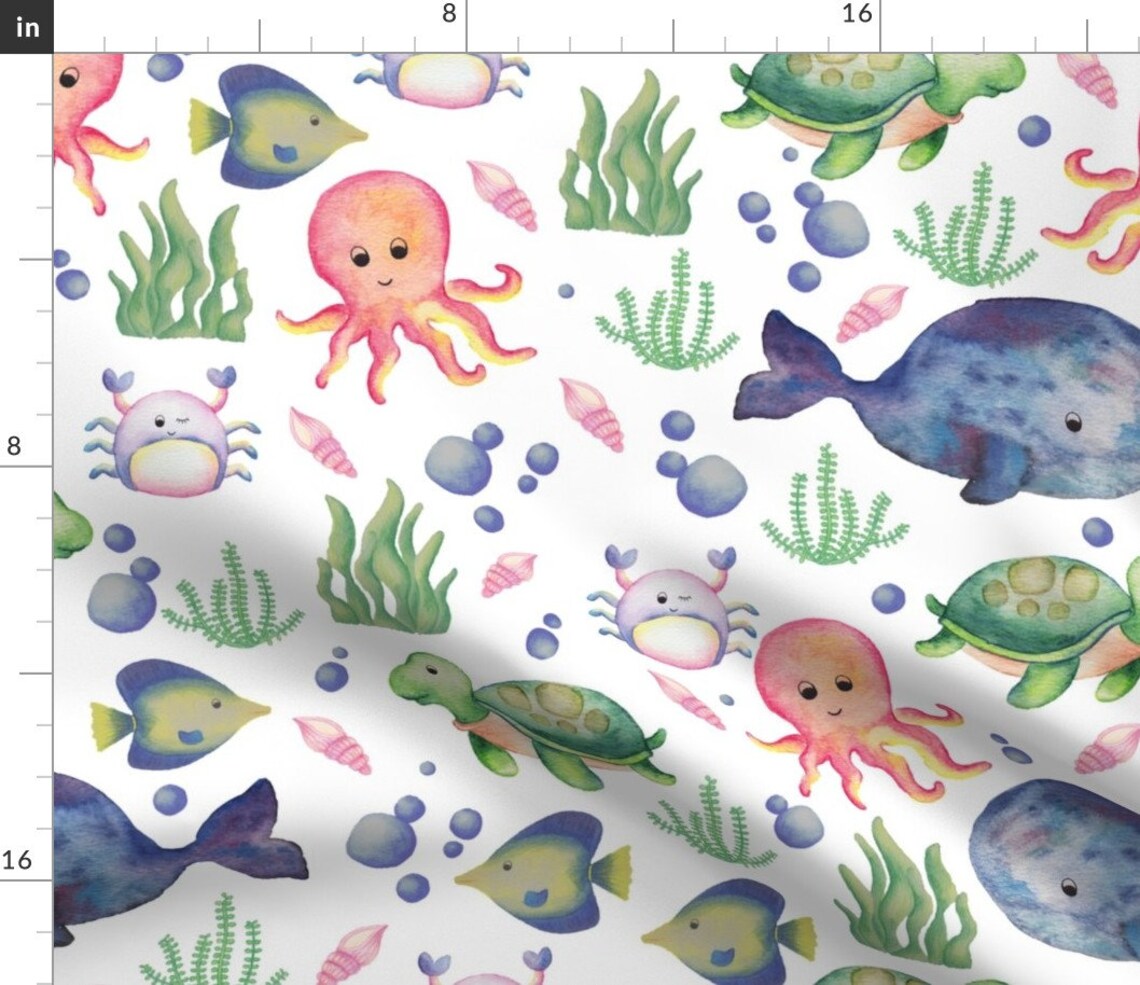 Watercolour Marine Life Fabric Sea Creatures on Transparent - Etsy