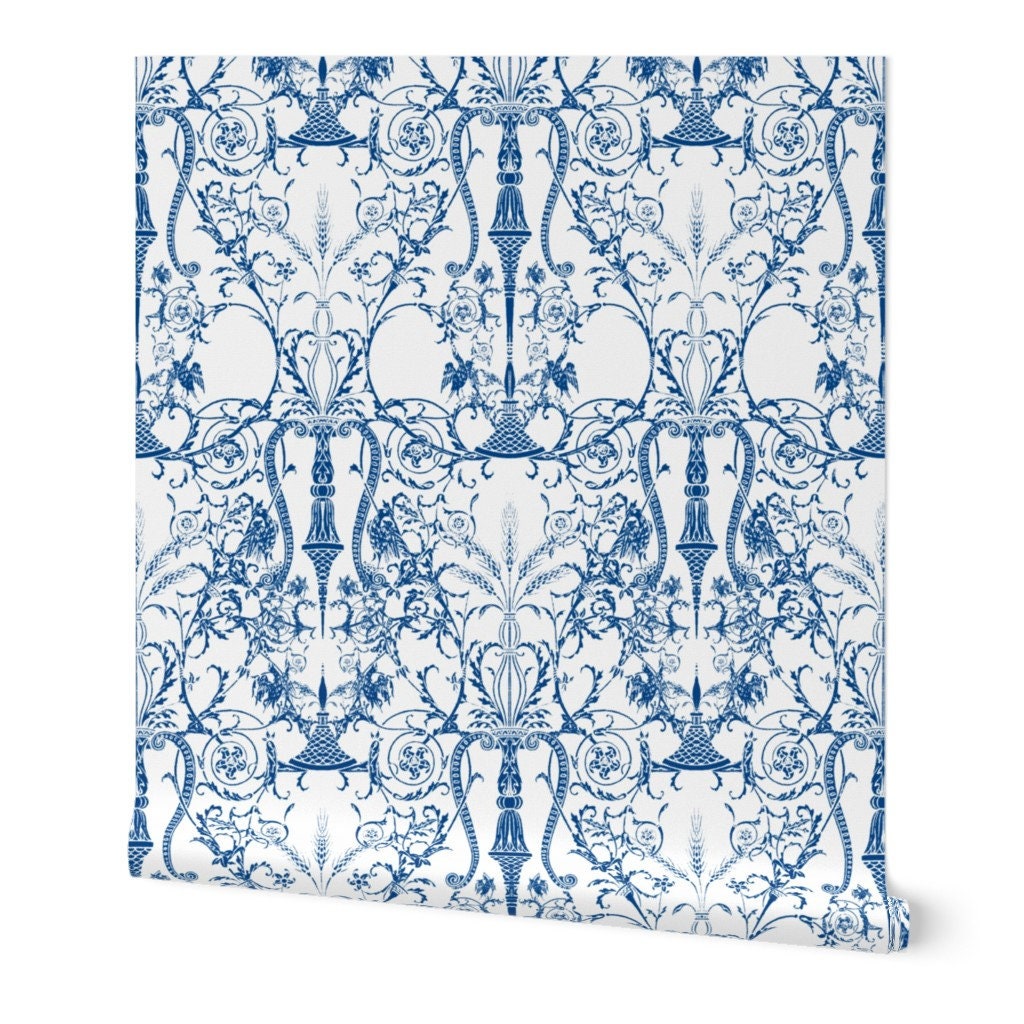 Damask Wallpaper Bedroom White Blue by Peacoquettedesigns | Etsy