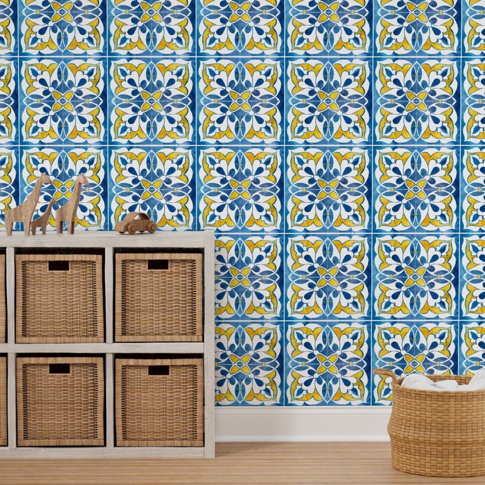 Spanish Wallpaper Spanishtile by Gaiamarfurt Blue Yellow - Etsy