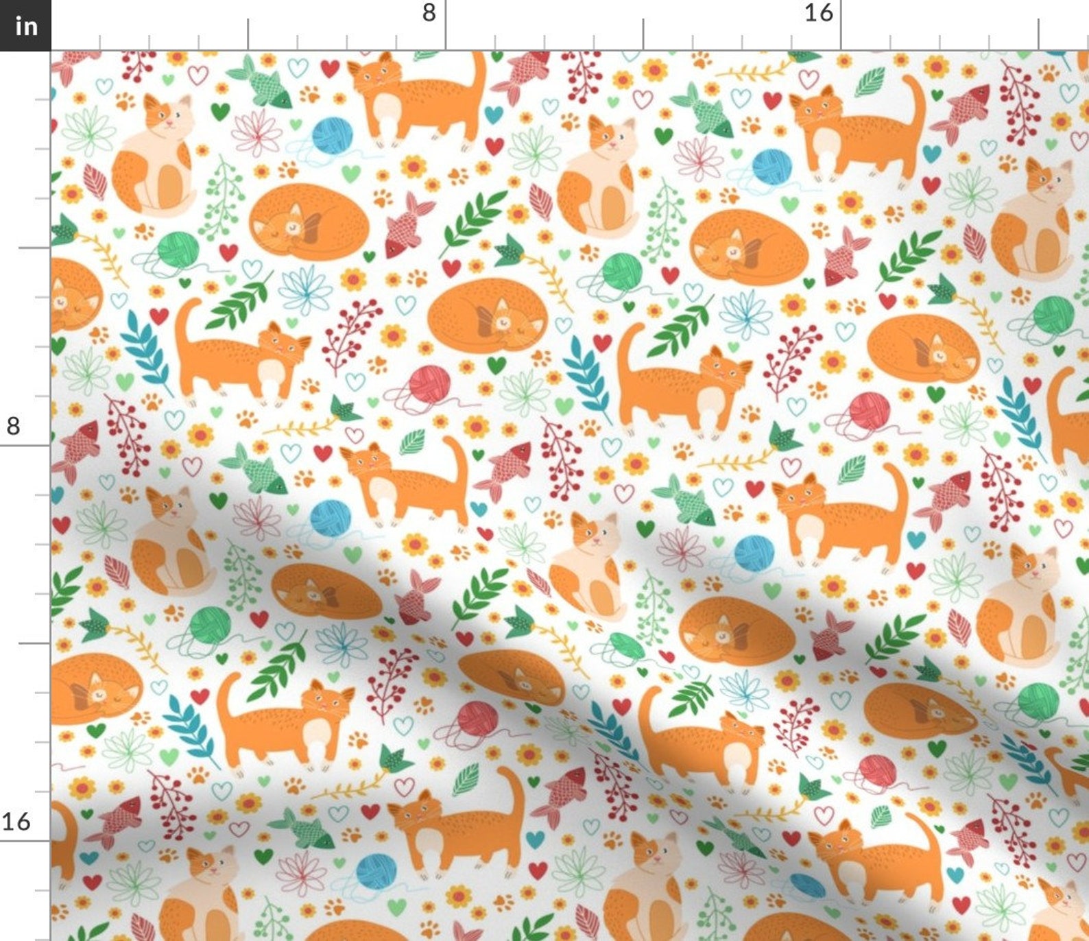 Cute Orange Cats Fabric Cute Cats White Pattern by | Etsy