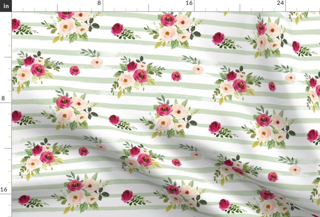Spring Peony Stripe Fabric - Spring Peony Blooms on Sage Stripes Medium ...