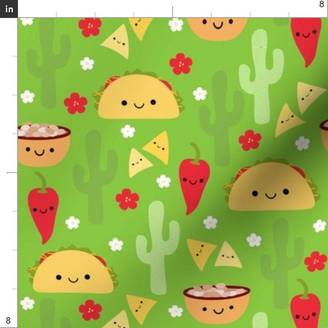 Taco Fabric Happy Tacos and Friends Green by Clayvision | Etsy