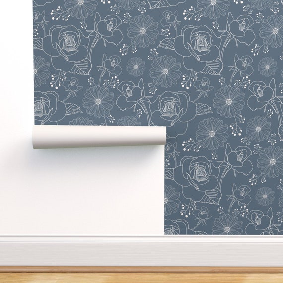 Floral Wallpaper Blue and White Neutral Floral by | Etsy