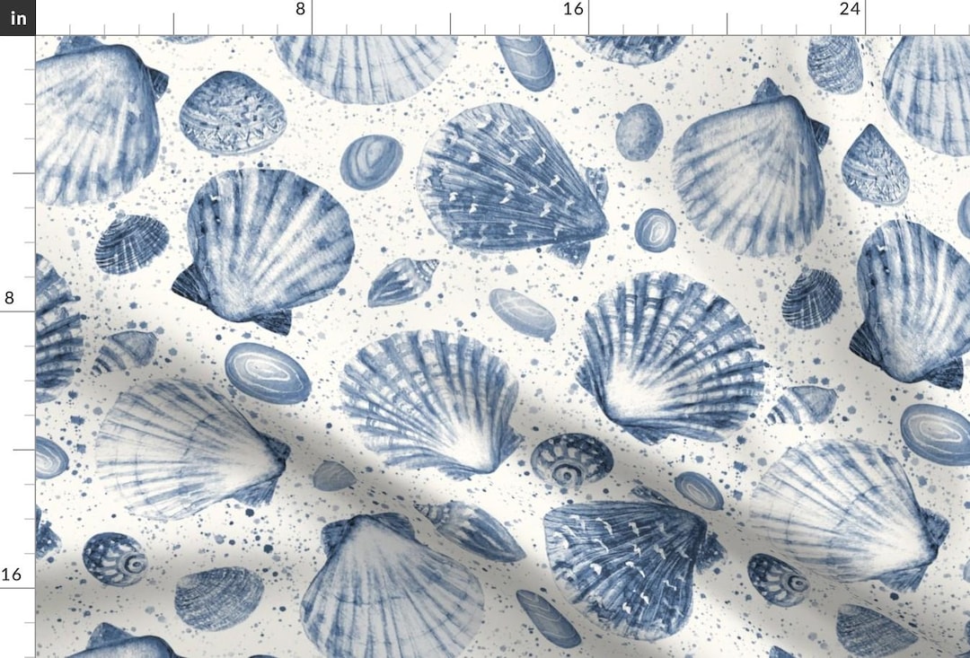 Blue Shells Fabric - Watercolor Seashells by Olgersart - Coastal Beach ...