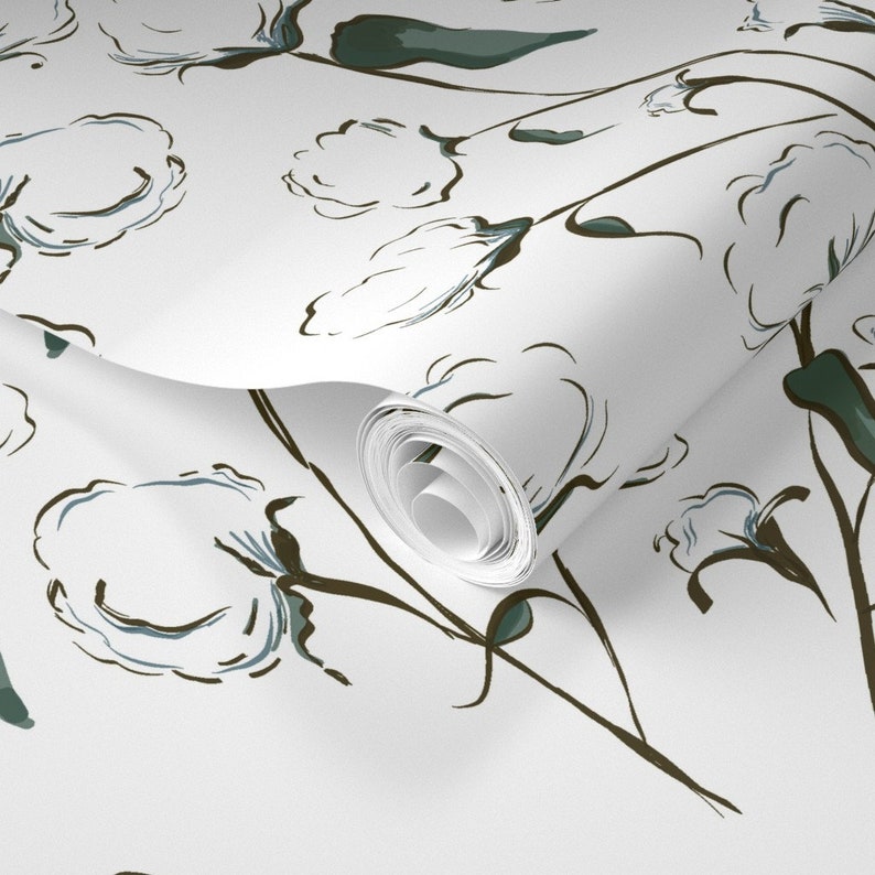 Cotton Wallpaper Cotton Bolls Sketch by Fat Bird Designs - Etsy
