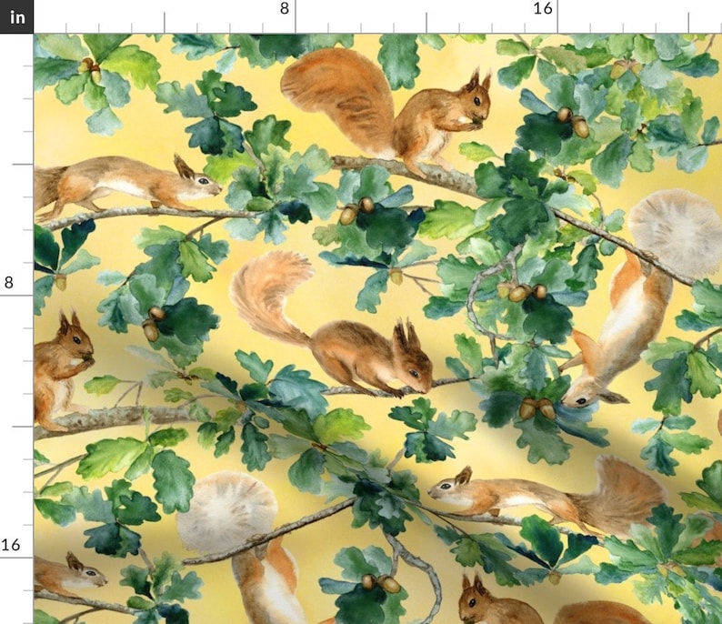 Watercolor Squirrels Fabric Squirrels on Oak by Svetlana | Etsy