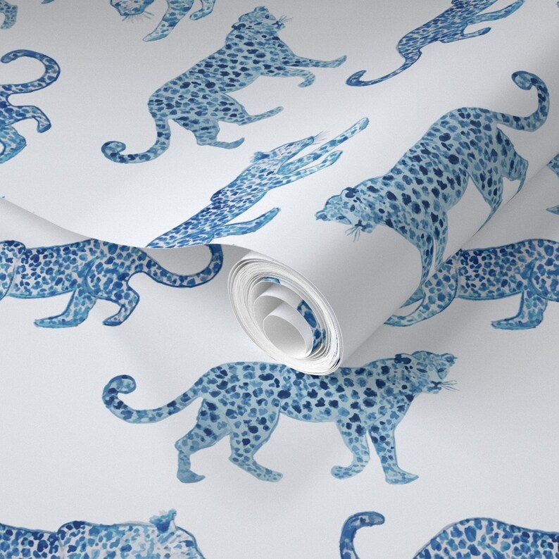 Leopards Wallpaper Leopard Parade Blue on White by Danika - Etsy