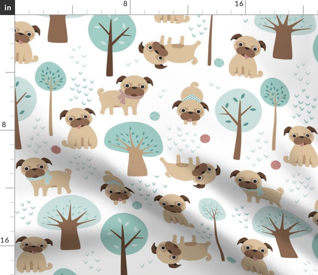 Pug Fabric Pugs in the Park by Heleenvanbuul Pug Dog Pet | Etsy