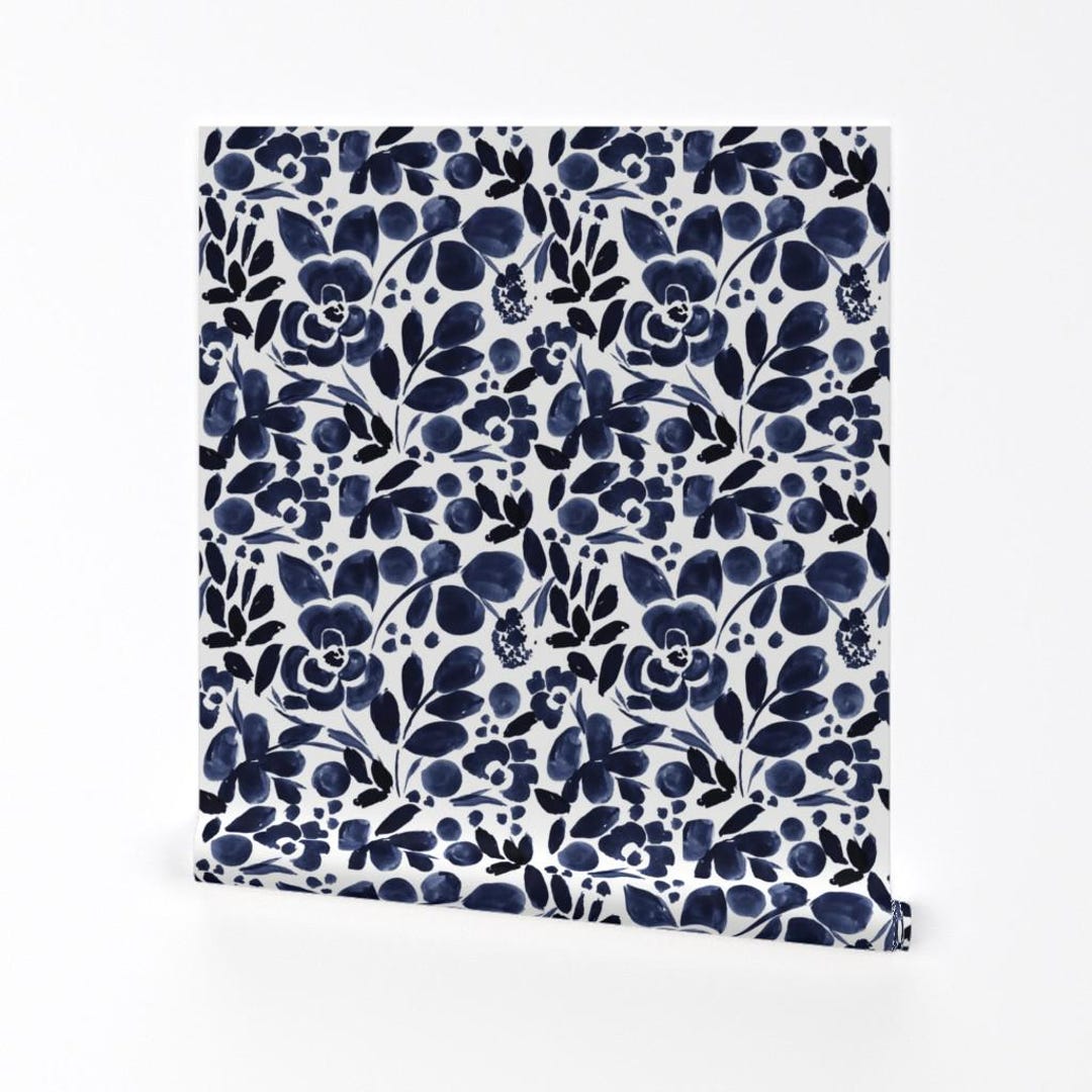 Floral Wallpaper - Navy Floral Medium by Crystal Walen - Floral Blue ...