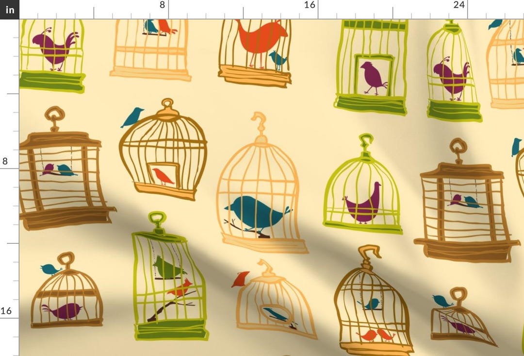 Birds Fabric - Bird Cages by Sheena Hisiro - Vintage Style Bird Cage ...