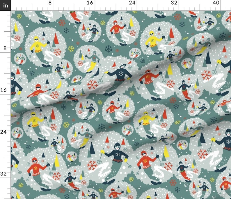 Retro Skiing Fabric Snowball by Cassiopee Retro Ski Skiers | Etsy