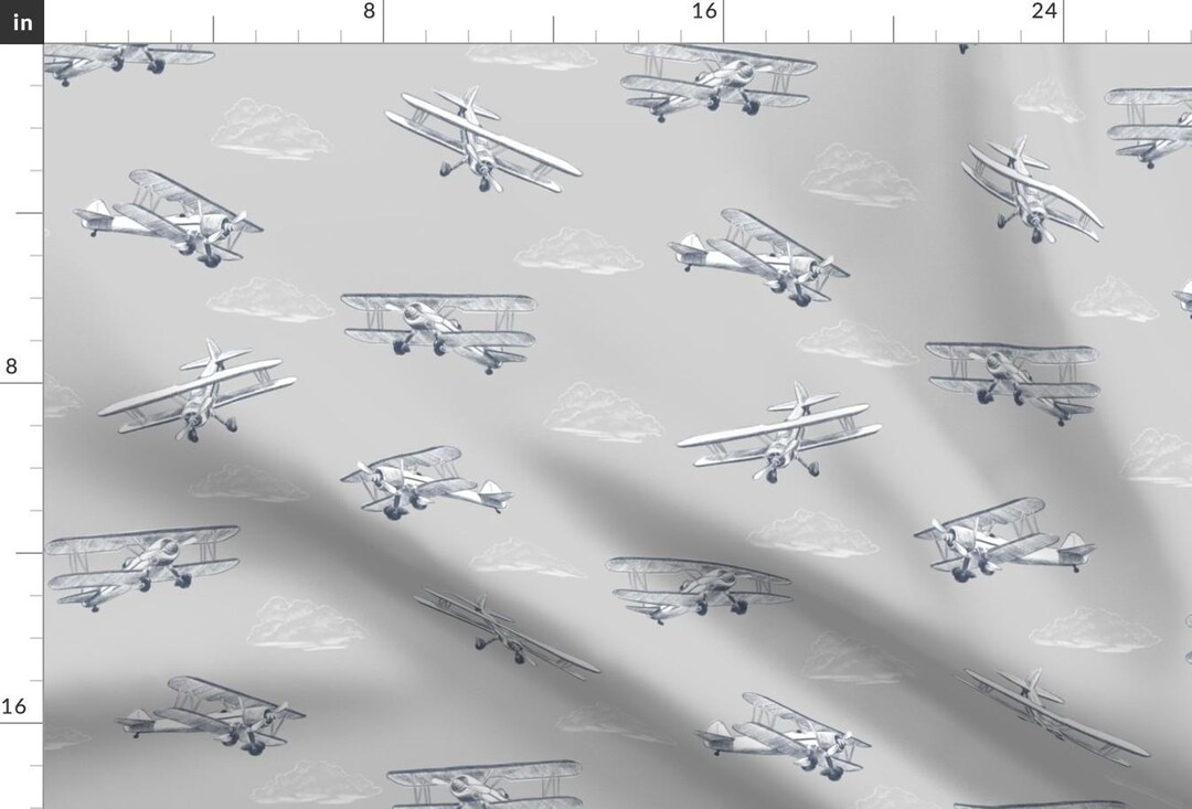 Blue Planes on Gray Fabric - Biplane Barnstormers Airplane by ...