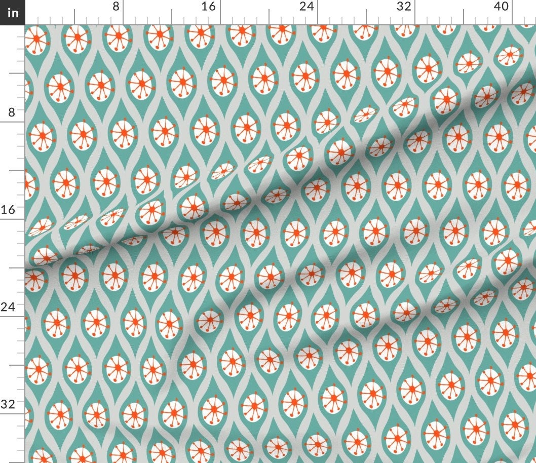 Retro Red Star Fabric Modern Turquoise and Orange on Grey by | Etsy