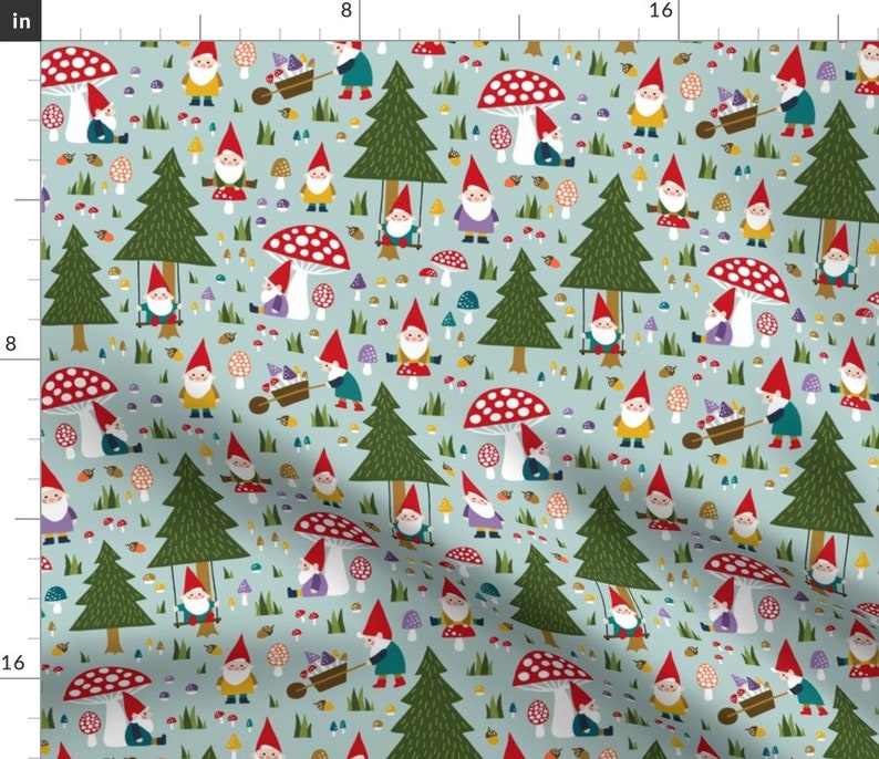 Gnome Fabric Happy Gnomes Playing Between Fungi by Heleen Vd - Etsy