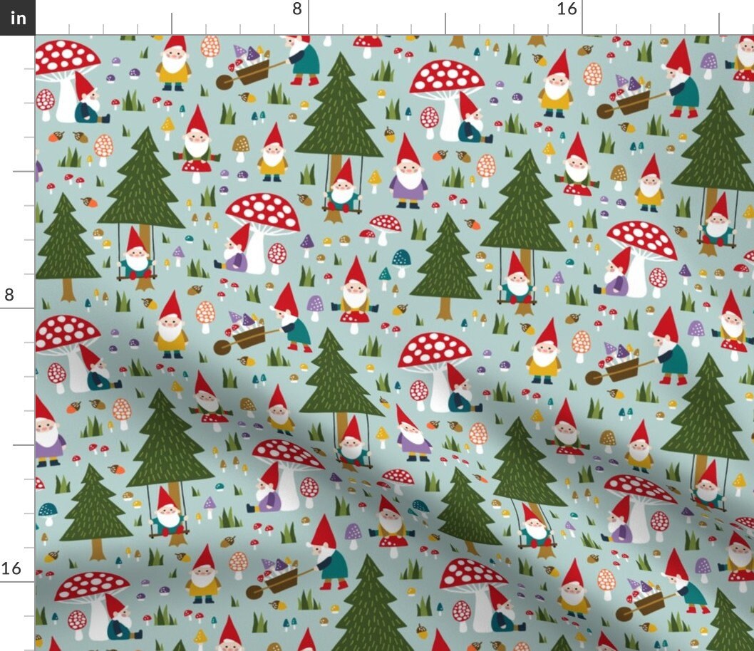 Gnome Fabric Happy Gnomes Playing Between Fungi by Heleen Vd | Etsy