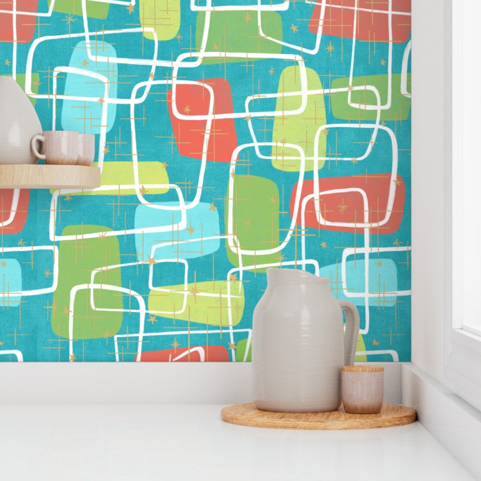 Mid-century Wallpaper Atomic Mcm Grid in Surfside by Raqilu - Etsy