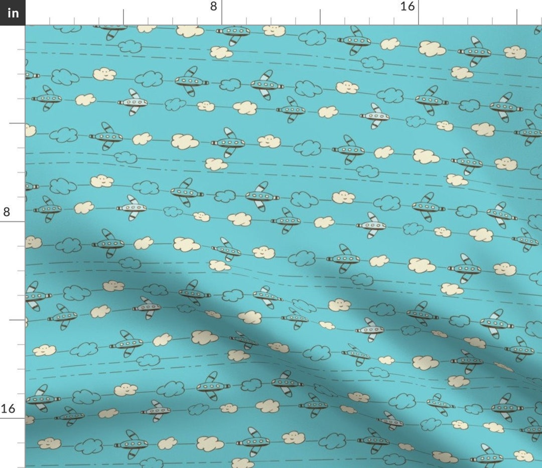 Plane Fabric Jet Set Whimsical Airplanes Clouds Teal Blue by - Etsy