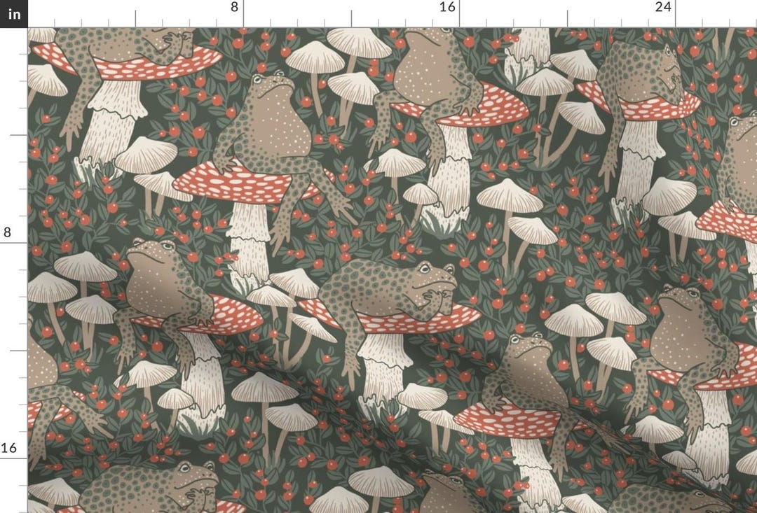 Woodland Fabric - Toads on Toadstools by Simut - Forest Toads Mushrooms ...