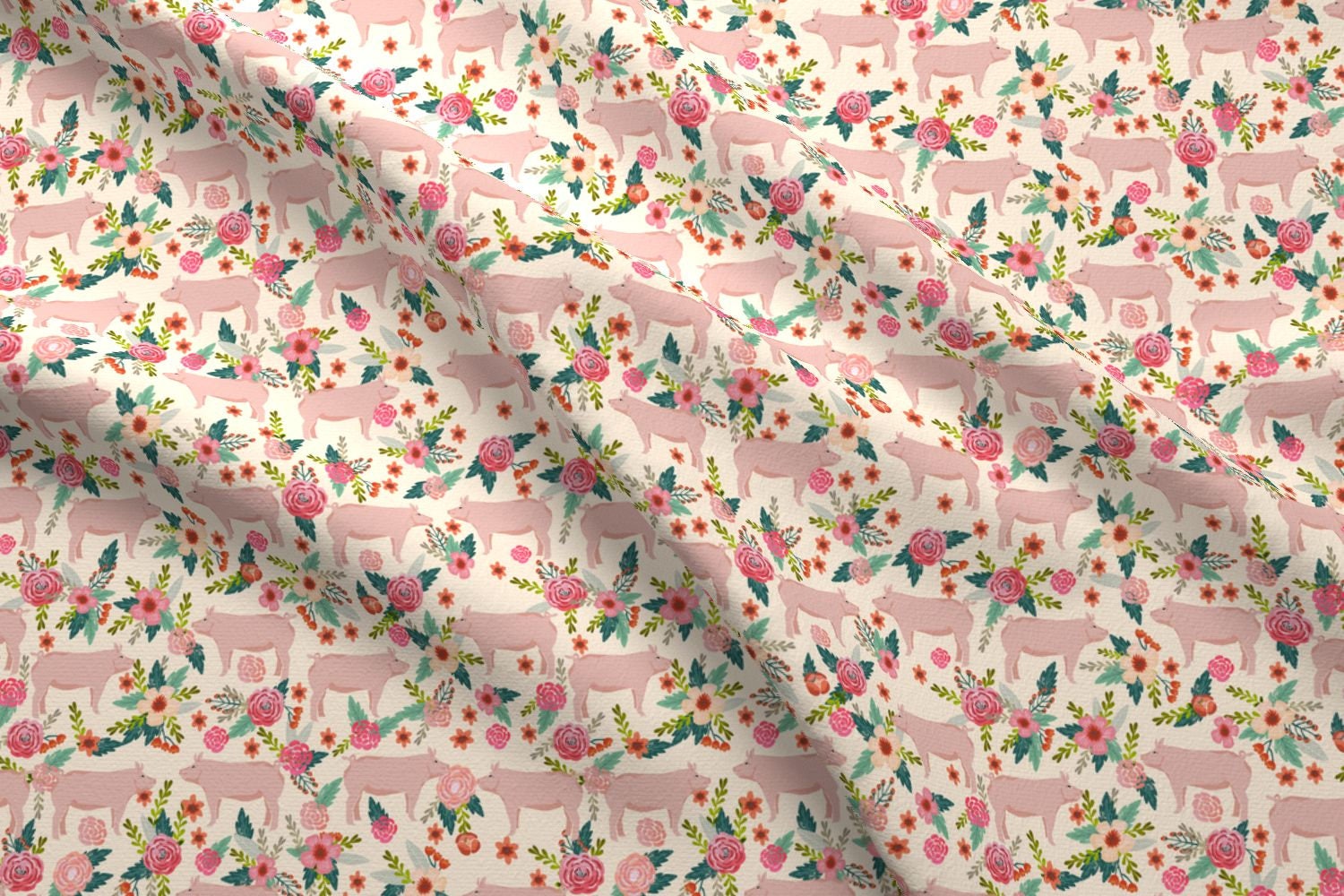 Pig Fabric Pigs And Florals Farmyard Animals Farm Cream By | Etsy