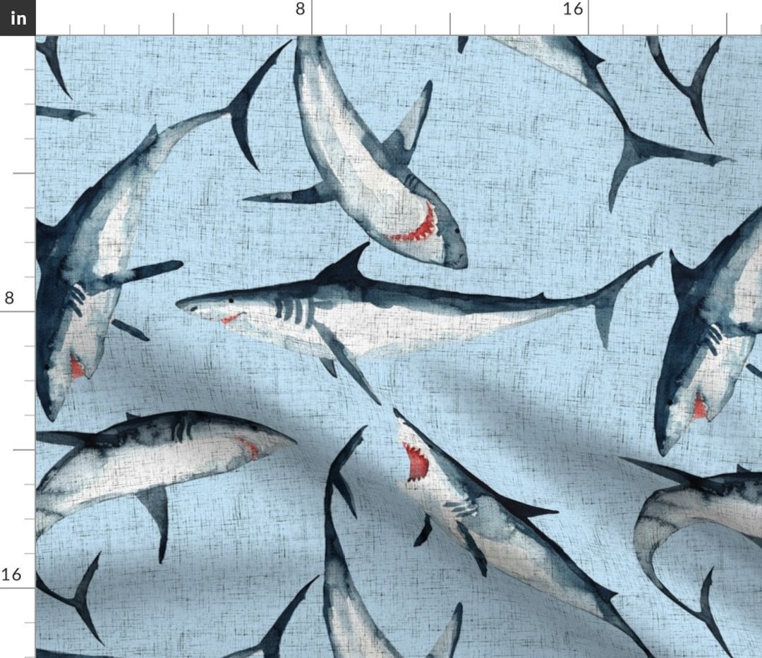Shark Fabric Great Whites Are Great Sharks on A Woven Blue Background ...