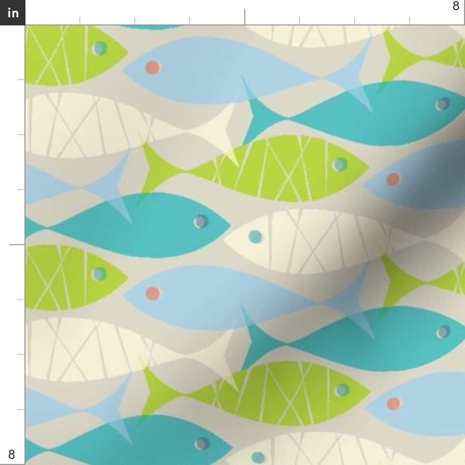 Mod Scandi School of Fish Fabric Green Fish Blue Fish by - Etsy